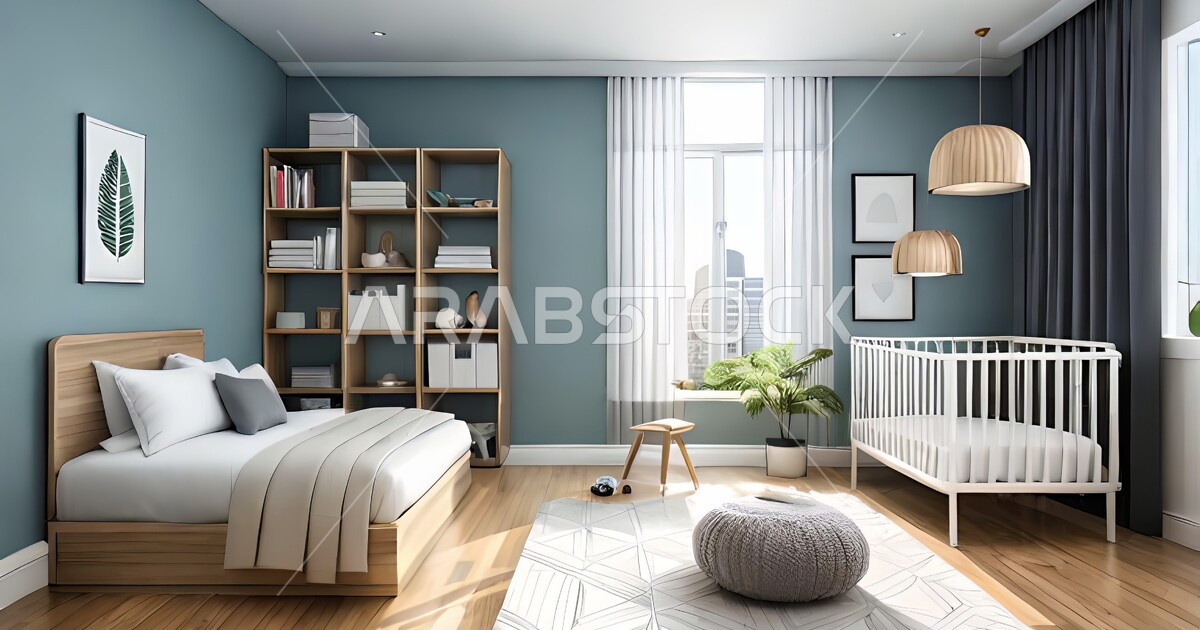 Cute children's room with house shaped shelves and crib, Interio ...