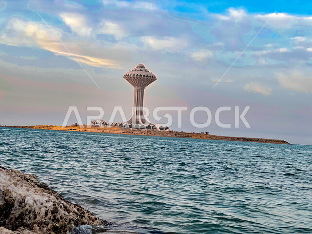 A picture of the water tower in Al-Khobar, Saudi Arabia, with a sea ...
