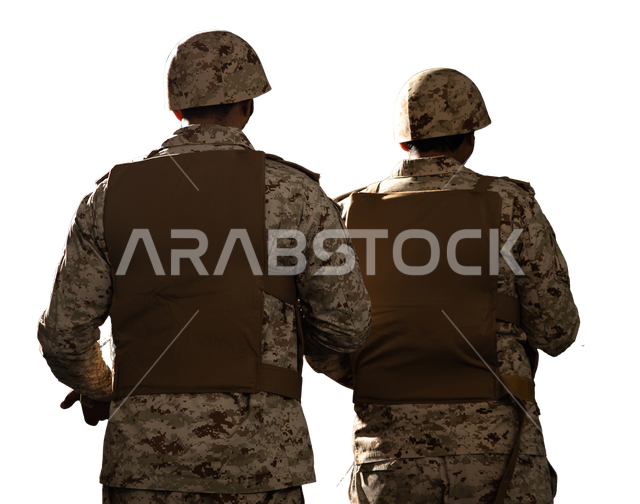 Standing with readiness and discipline, a portrait from behind of two ...