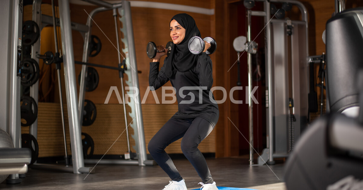 Physical activity, a veiled Saudi Gulf Arab woman wearing sports ...