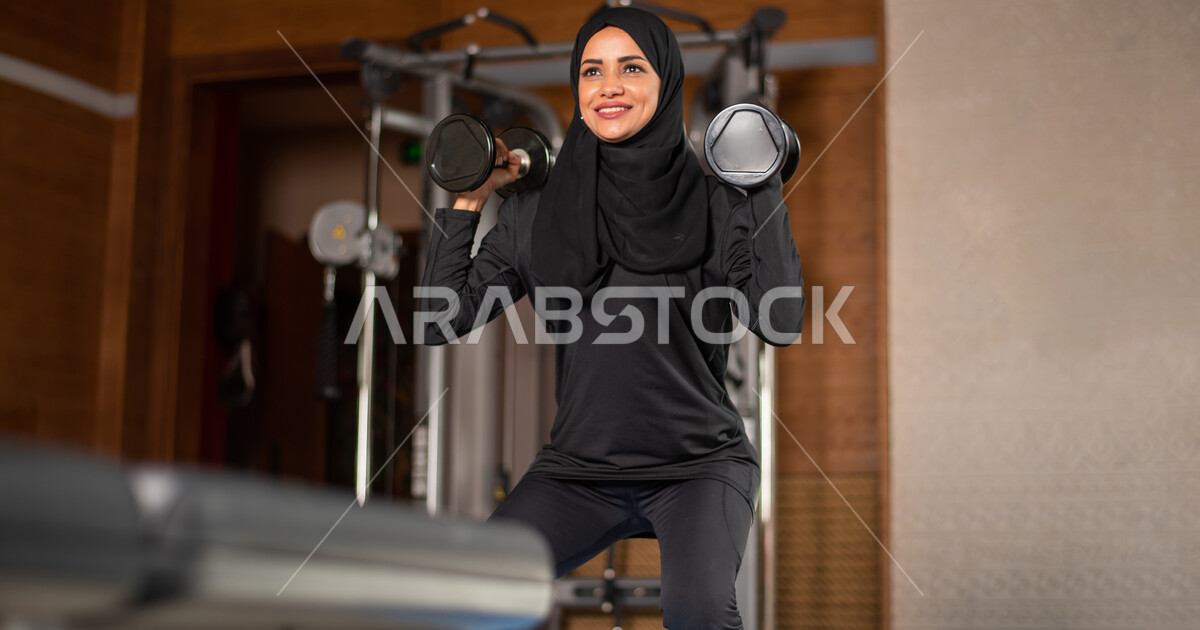 Physical activity, a veiled Saudi Gulf Arab woman wearing sports ...