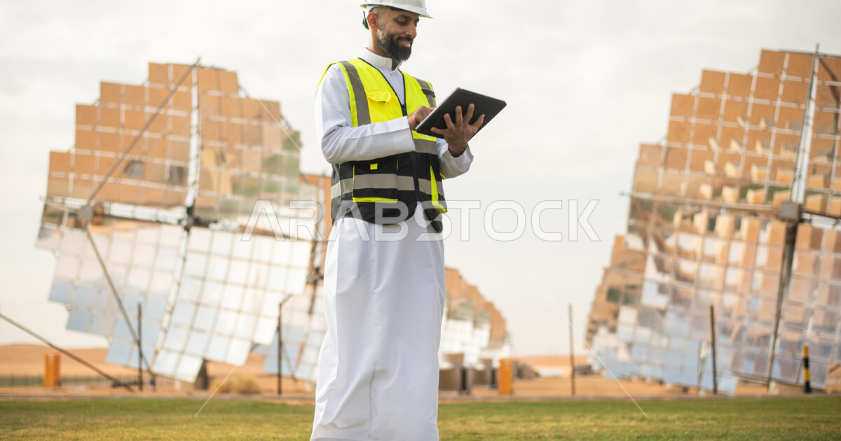 A Saudi Arab Gulf energy engineer holding a technical device in his ...