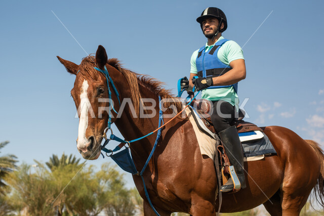 A close-up of a young Saudi Arabian Gulf man riding a purebred Arabian ...