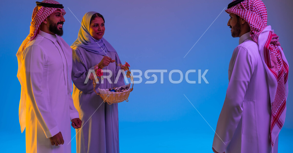 A Saudi Gulf Arab family, the family gathering in the feast, the ...