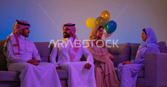 A gathering of a Saudi Arab Gulf family on the feast, the atmosphere of ...