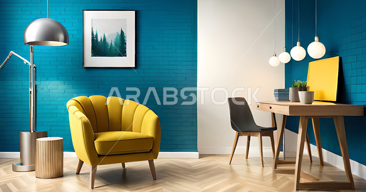 Modern interior, bright yellow chair in a living room with a blu ...