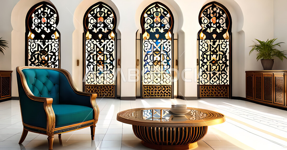 Living room with modern modern designs, colored wooden door in the Arab ...
