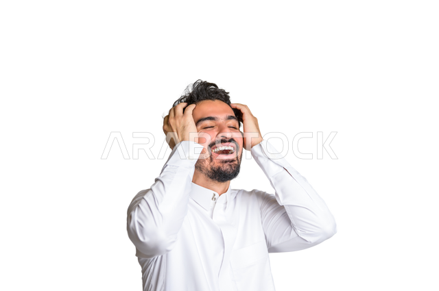 Portrait of a Saudi Arabian Gulf man in traditional dress, making ...