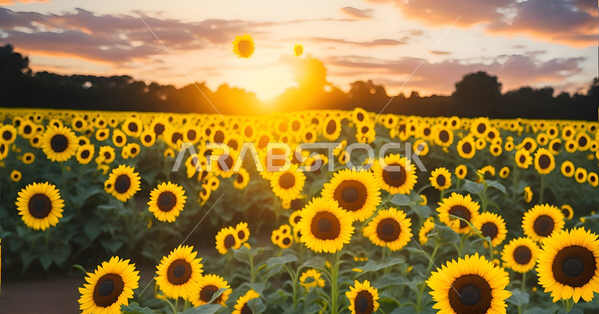 Yellow sunflower plantations among green plants, blooming roses ...