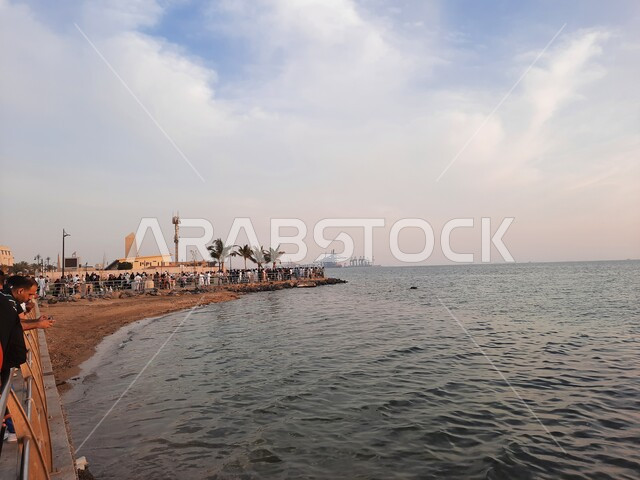 Sunset on the shore of the Jeddah sea, the shore of the Red Sea in the ...