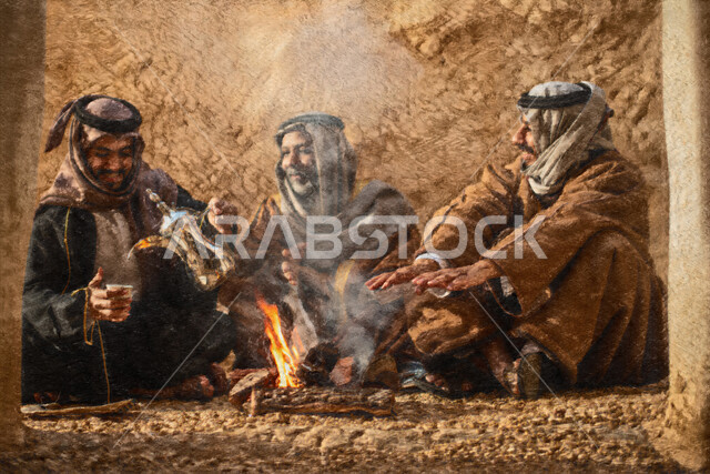 A close-up of a group of Saudi Arab men, sitting in the popular ...