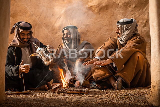 A close-up of a group of Saudi Arab men, sitting in the popular ...