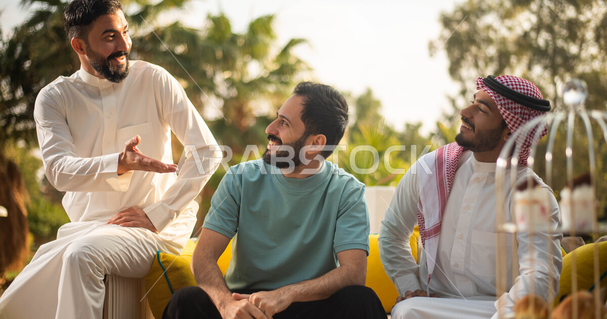 A picnic in the open air and green nature, young Saudi Gulf Arabs ...