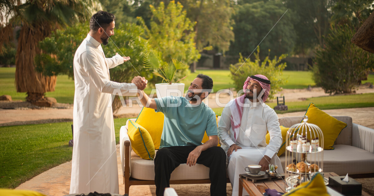 Hand gestures indicating shaking hands, saluting and peace, two Saudi ...
