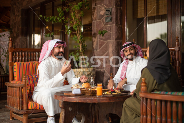 People, acquaintance and a happy atmosphere in a Saudi cafe, Saudi Gulf ...