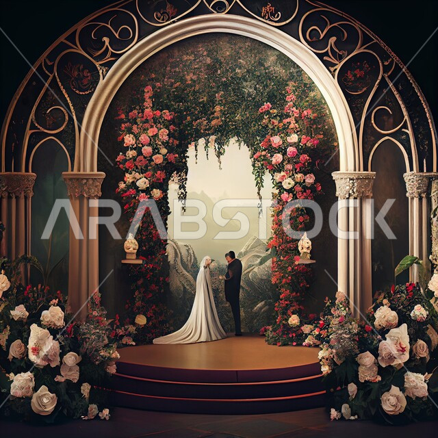 A bridal bouquet and platform with luxurious designs, a background of ...