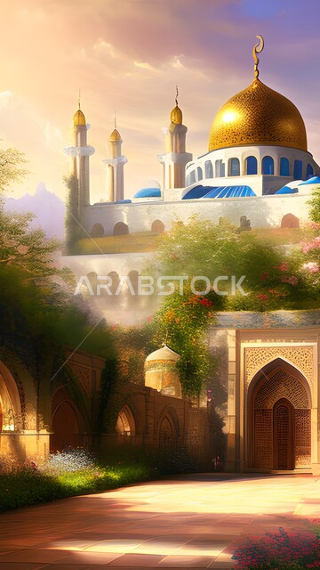 Three-dimensional mosque with creative designs, green trees and plants ...