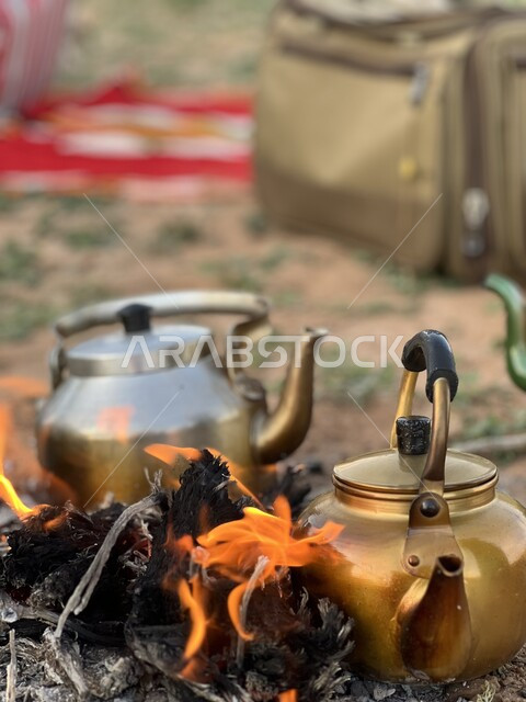 Metal golden teapot on wood fire, tea making on wood fire, burning red ...