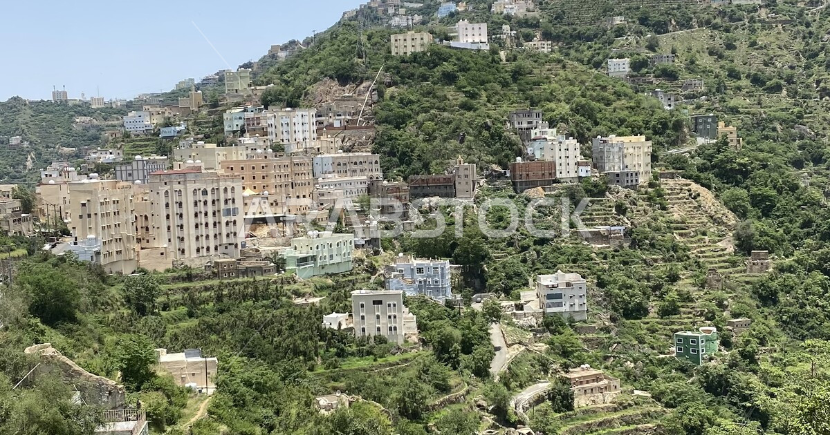 Fifa Mountains in Jizan, green trees and plants, houses and residential ...