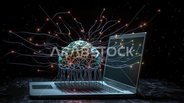 Close-up of 3D technical brain tissue in front of a laptop computer ...