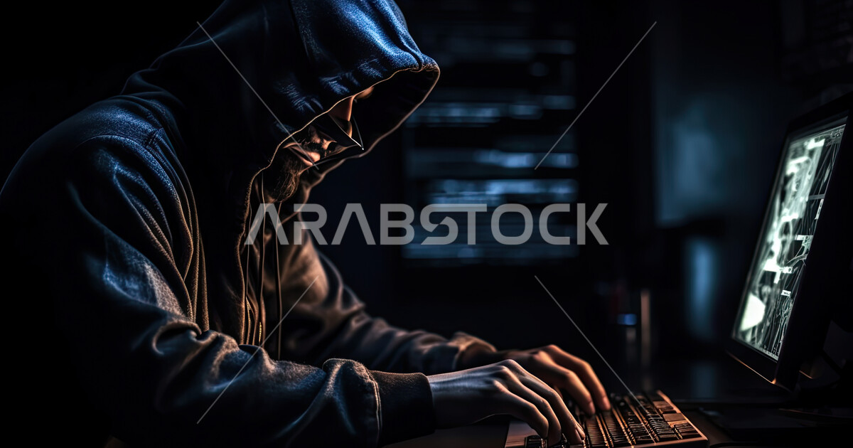 Electronic crimes, a hacker wearing a mask who penetrates the security ...