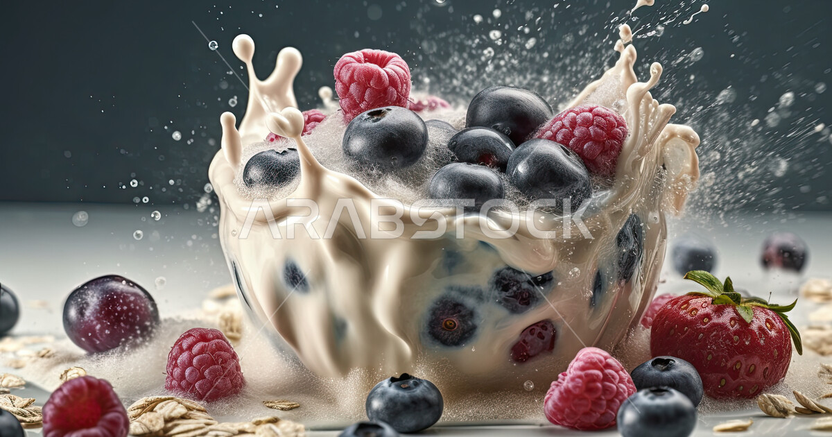 Fruit falling into milk, a close-up of a variety of fruits in a ...