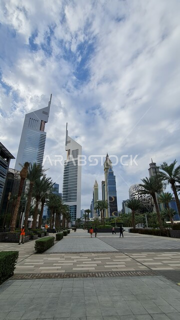 Green palm trees, towers and skyscrapers, Dubai Towers in the United ...