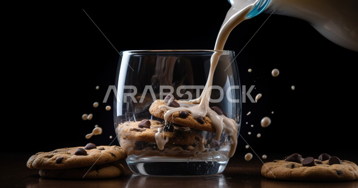 Pouring milk over a set of biscuit chips in a transparent glass cup ...
