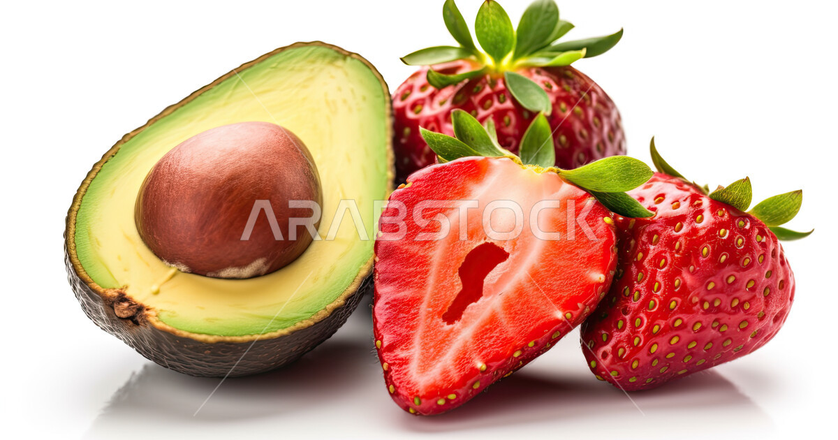 فاكهة صحية ولذيذة , مجموعة من حبات الفراولة الطازجة و الاوفاكادو ...