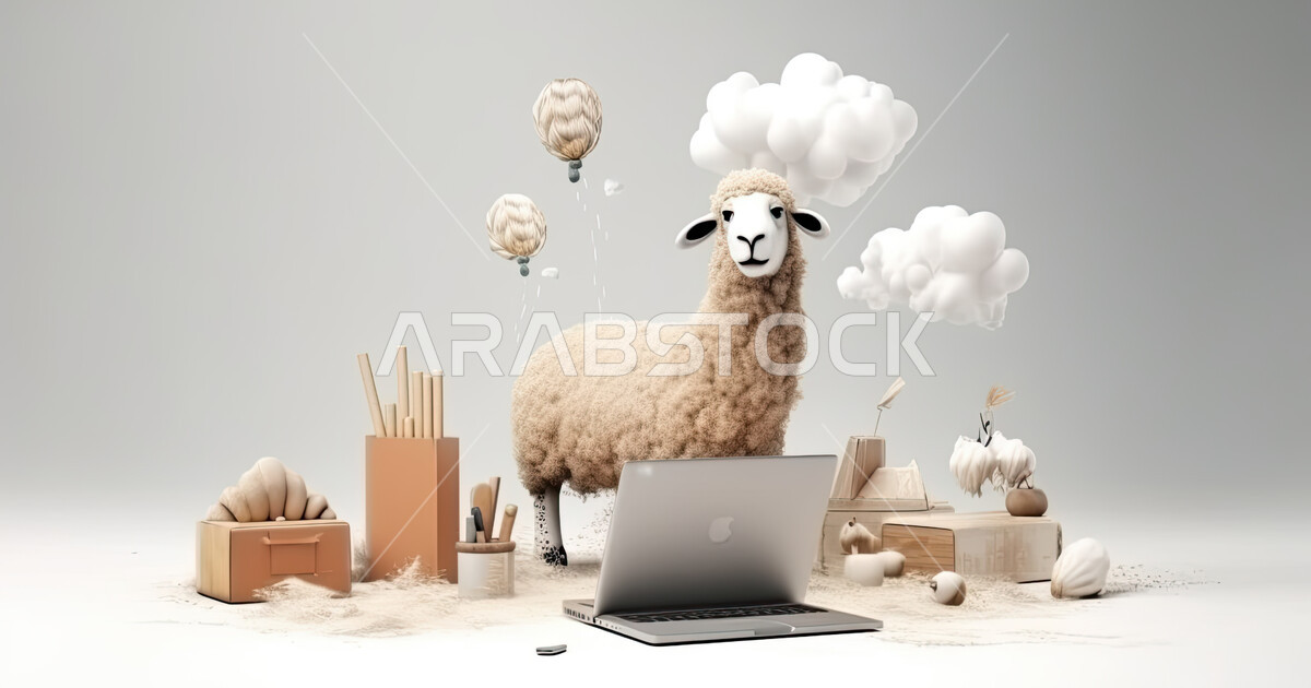 A 3D model of a sheep in front of a laptop computer, the concept of ...
