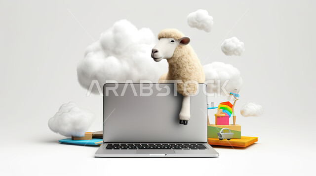 A 3D model of a sheep in front of a laptop computer, the concept of ...