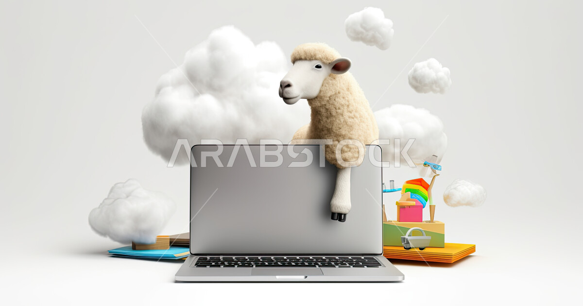 A 3D model of a sheep in front of a laptop computer, the concept of ...
