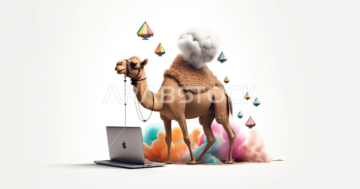 A 3D model of a camel animal in front of a laptop computer, the concept ...