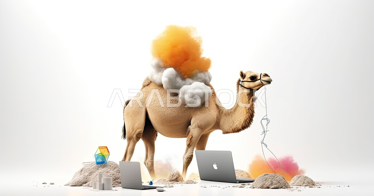 مجسم ثلاثي الابعاد لحيوان الجمل أمام جهاز الحاسوب المحمول، مفهوم شراء ...
