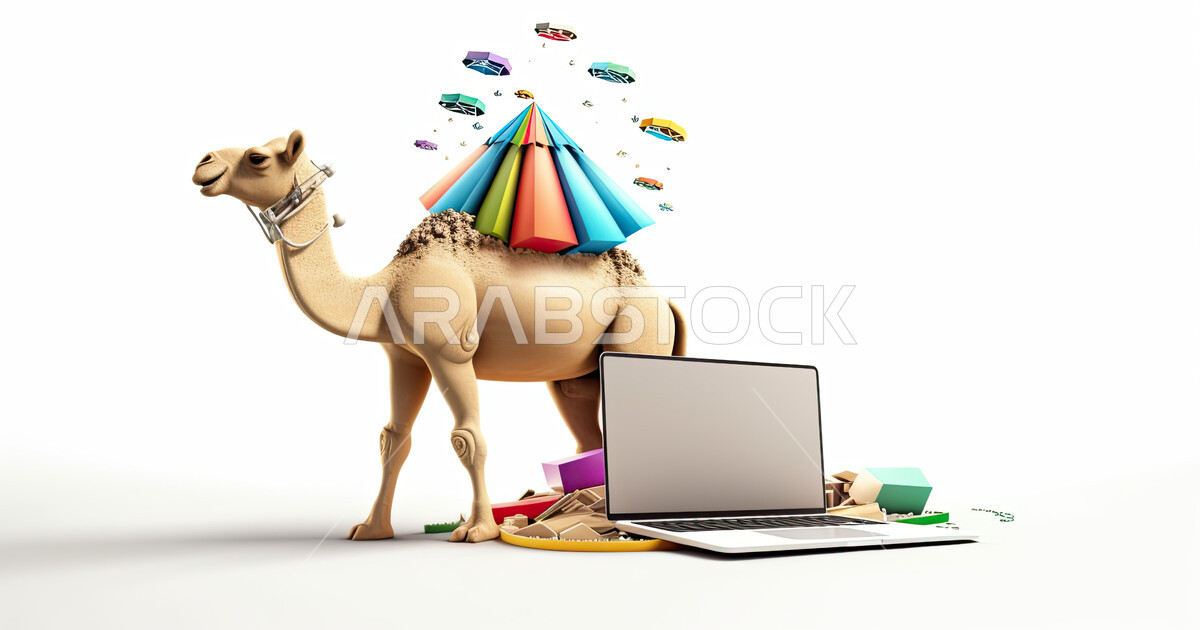 A 3D model of a camel animal in front of a laptop computer, the concept ...