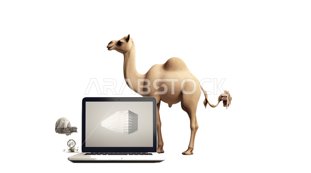 A 3D model of a camel animal behind a laptop computer, the concept of ...