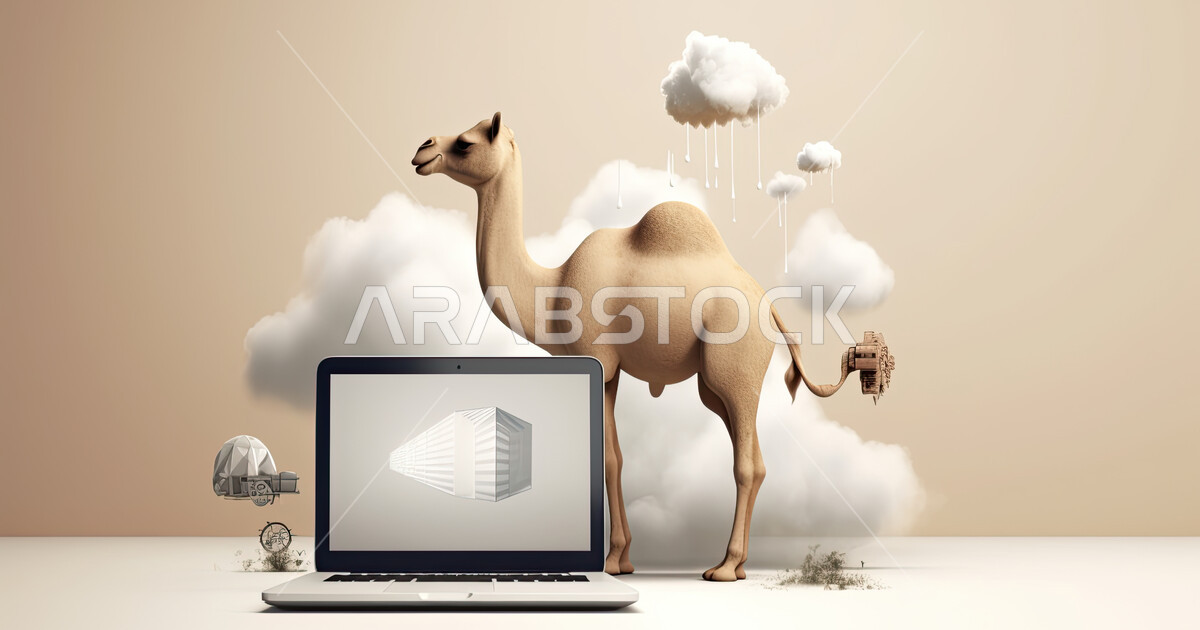 A 3D model of a camel animal behind a laptop computer, the concept of ...