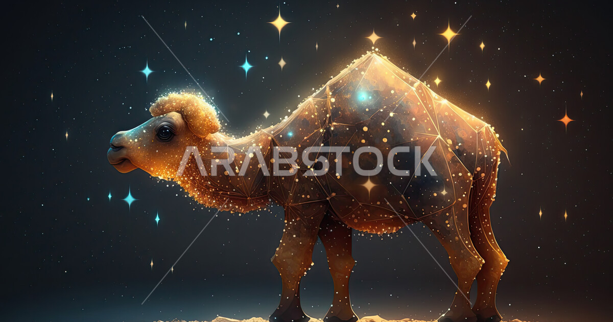 A luminous camel on a black background, a sacrifice and an offering for ...
