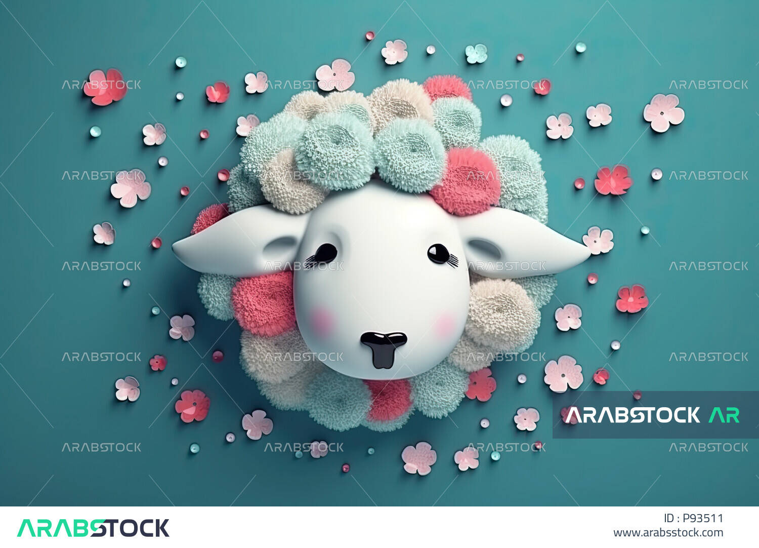 Eid al-Adha sheep, 3D graphics of a white ewe decorated with flowers ...
