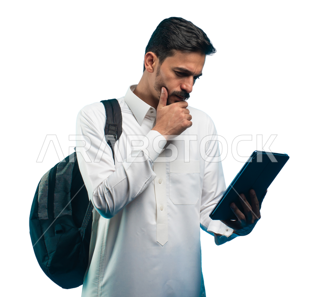 التعلم عن بعد ، إيماءات وجه ويدين تدل على التفكير والحيرة ، بورتريه