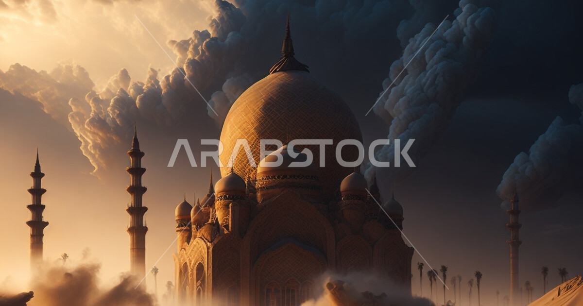 A close-up of a mosque with distinctive designs, sand dunes in desert ...