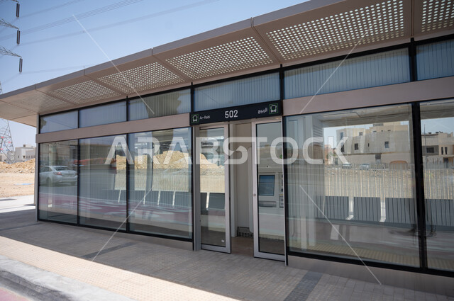 A picture from the outside of the bus stop in the city of Riyadh in the ...