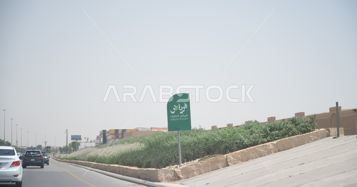 لافتة الرياض الخضراء، الاشجار والنباتات الخضراء، حركة مرور السيارات ...