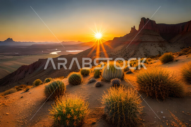 Cactus plant in the middle of the desert in Saudi Arabia at sunset ...