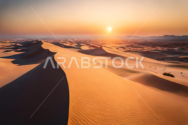 The desert in the Kingdom of Saudi Arabia at sunset, hills and sand ...