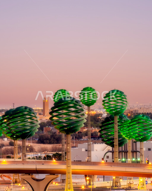 Irqah roundabout in Riyadh, close-up of green art installations at the ...
