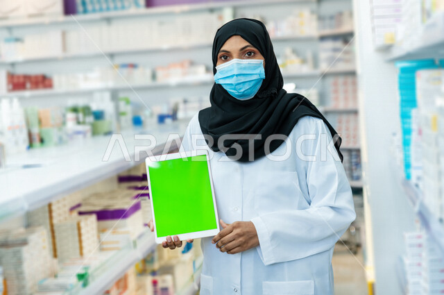 A Saudi Arabian Gulf pharmacist wearing a mask to prevent corona virus ...