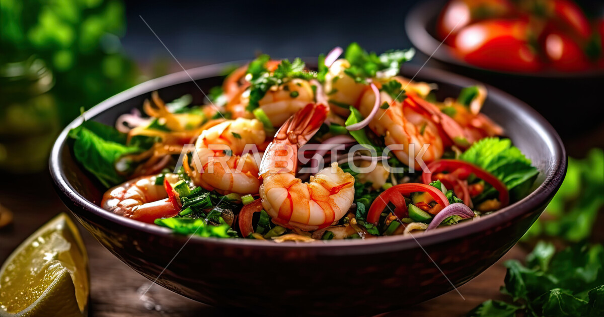 صحن جمبري مع سلطة سبانخ وطماطم، صورة مقربة لطبق من الربيان اللذيذ مع ...