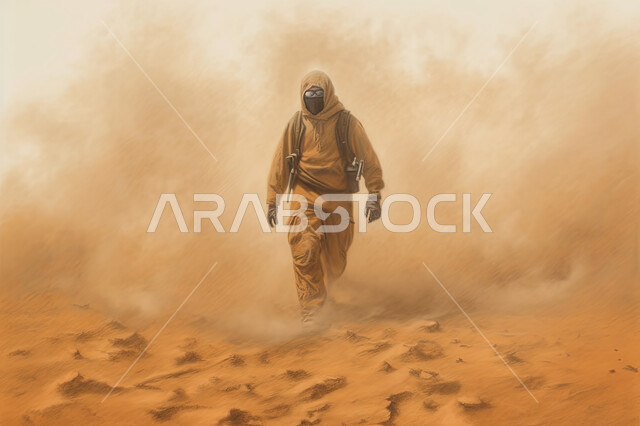 Photography of a wave of dust in the desert of the Kingdom of Saudi ...