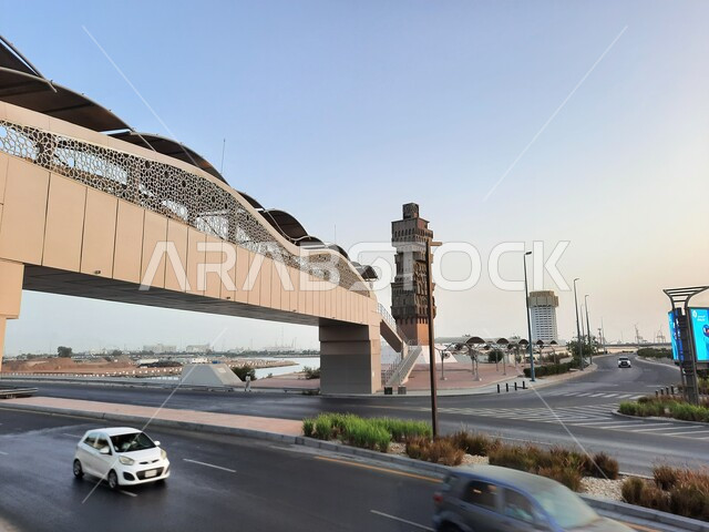 .Pedestrian bridge in the city of Jeddah, Saudi Arabia, traffic in the ...